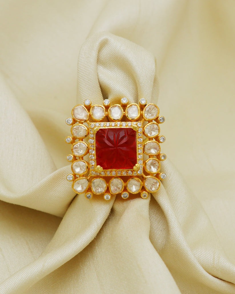 925 Silver carved Ruby Gemstone Moissanite Polki Adjustable Ring – Raj Gems
